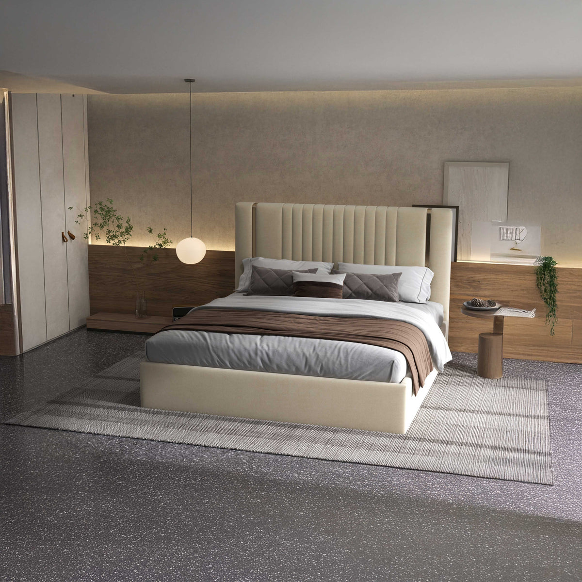 Pat dormitor dumonde, tapitat bej, Lukas 180x200 cm, somiera rabatabil – Dumonde.ro 🛋️