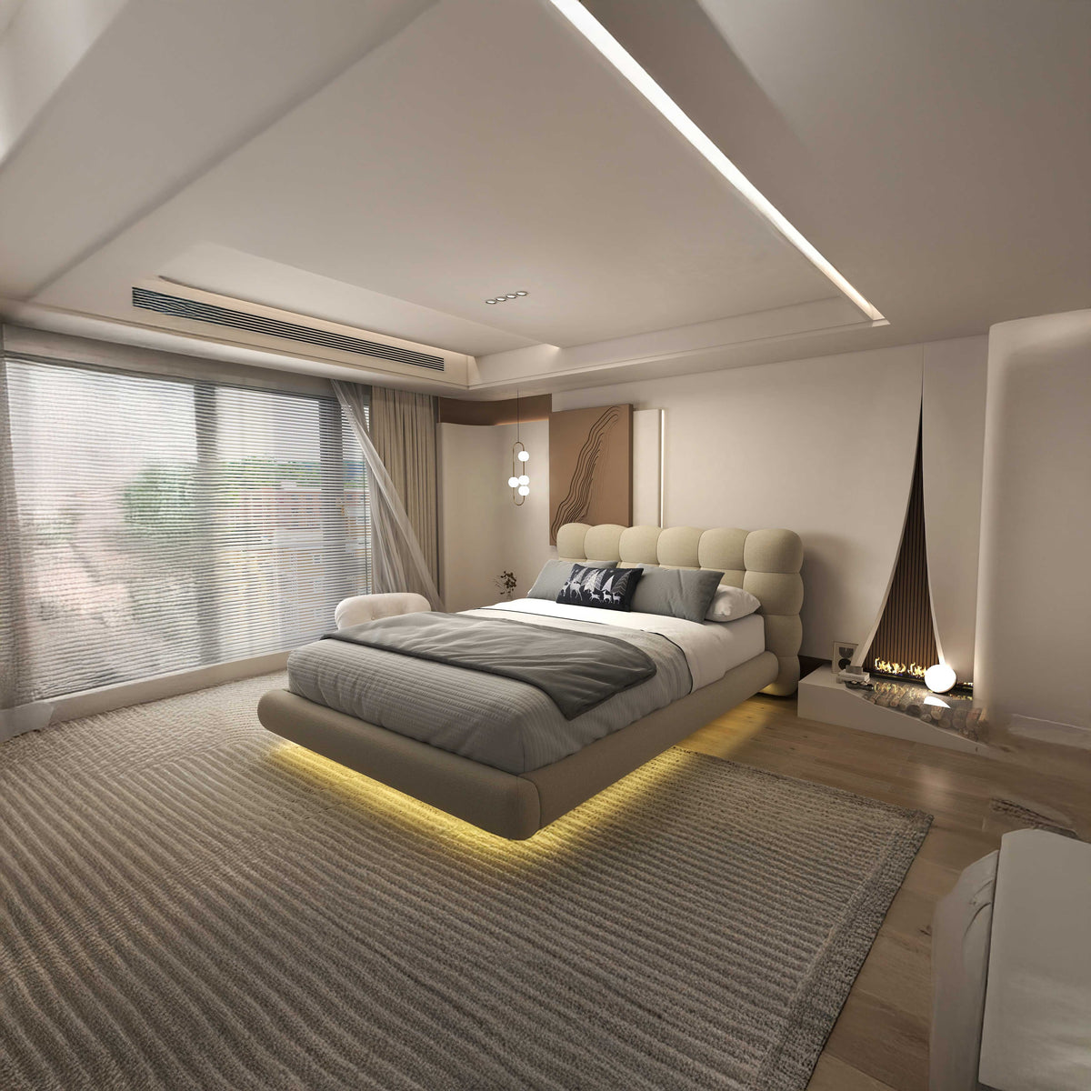 Pat dormitor dumonde, tapitat bej cu LED, "floating bed" Cloud 160x200 – Dumonde.ro 🛋️